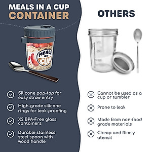 Meals In A Cup 2 Pack Overnight Oats Containers with Lids and Spoons - 16 Oz Glass Mason Jars for Overnight Oats, Leak Proof Oatmeal Container, Meal Prep Jars for Milk, Cereal, Yogurt, Fruit (Grey)