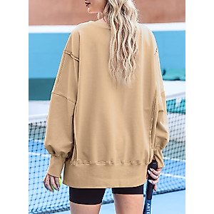 SHEWIN Womens Sweatshirts Long Sleeve Round Neck Soft Baggy Curved Hem Tops Lightweight Sweatshirts for Women Fall Cute Tops Loose Fit Flowy Crewneck Plain Tshirts for Leggings Khaki Small