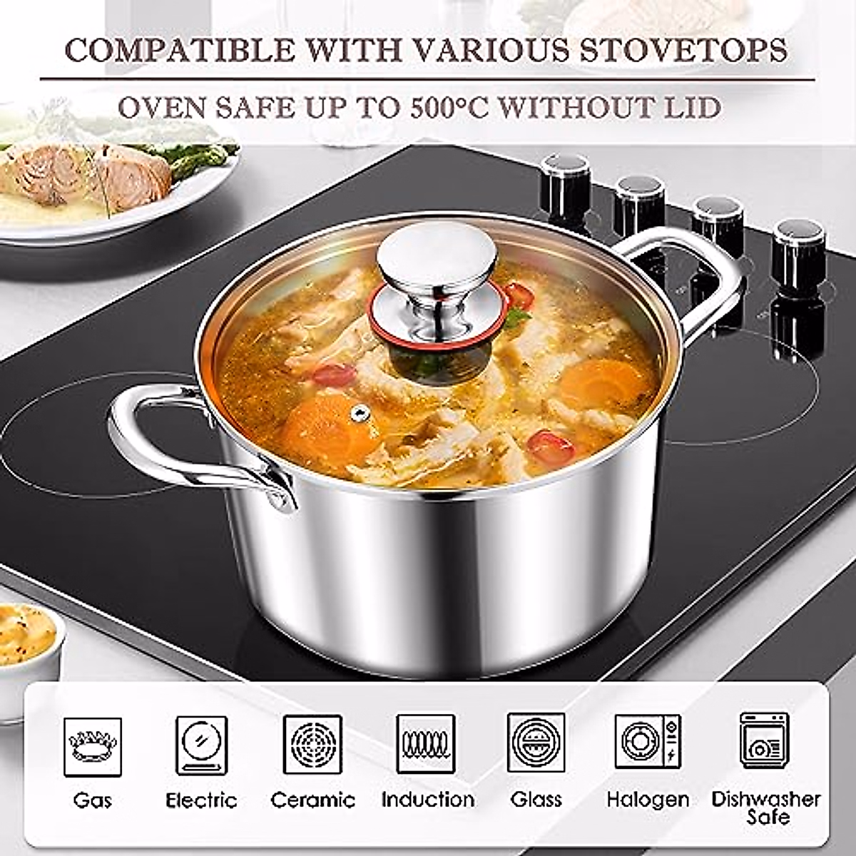 Herogo 6 Quart Stock Pot, 18/10 Stainless Steel Pasta Pot with Lid, 6 QT Cooking Pot with Handles, Tri-Ply Stockpot for Induction Gas Electric Stove, Dishwasher Safe