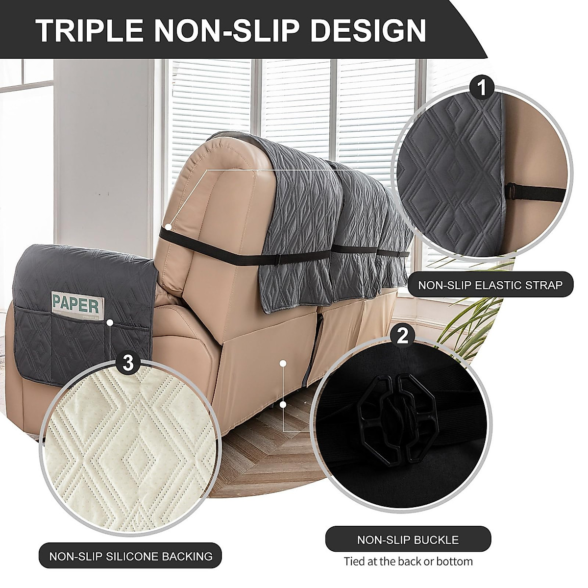 Genina Waterproof Couch Cover for Reclining Couch 3 Seat Recliner Sofa Covers, Non-Slip Recliner Couch Cover Furniture Protector with Elastic Straps for Pets, Dogs (Dark Gray, Recliner Sofa)