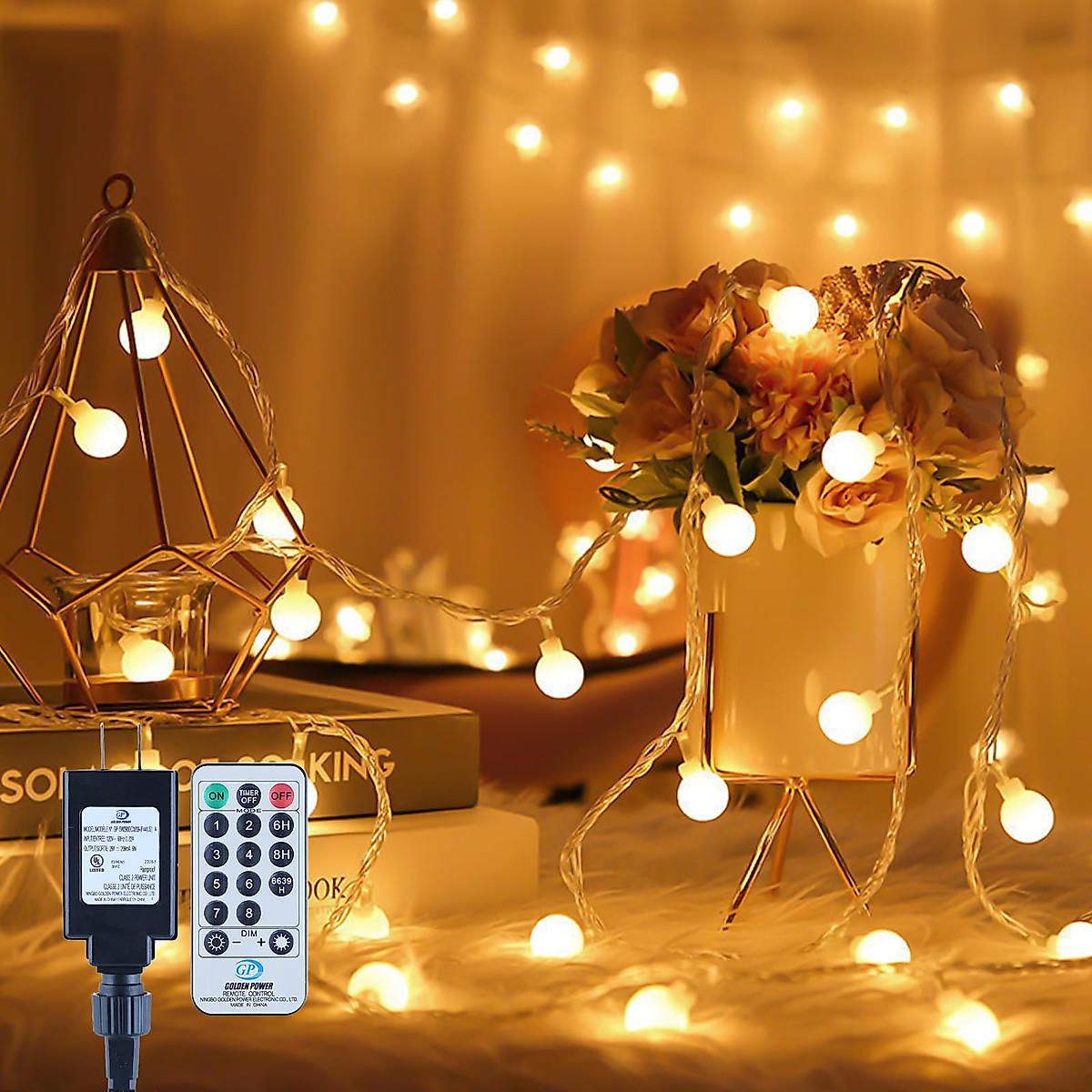 Globe String Lights, 100Led 59FT Fairy Lights Plug in 8 Modes with Remote Control Waterproof Outdoor Indoor String Lights, Fairy Lights for Bedroom, Garden, Party, Wedding, Warm White