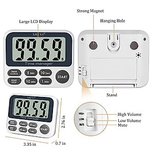 XREXS Digital Kitchen Timer, Magnetic Countdown Up Cooking Timer Clock with Large LCD Display, Adjustable Volume, Loud Alarm & Strong Magnet Classroom Timer for Teachers (Batteries Included)
