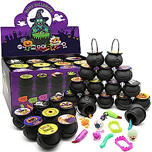 SURCVIO 144 PCS Halloween Party Favors 24 Pack Prefilled Small Plastic Witch Cauldron Halloween Toys in Bulk Halloween Prizes Gifts Miniatures for Kids Trick or Treat Halloween Party Prizes Toys