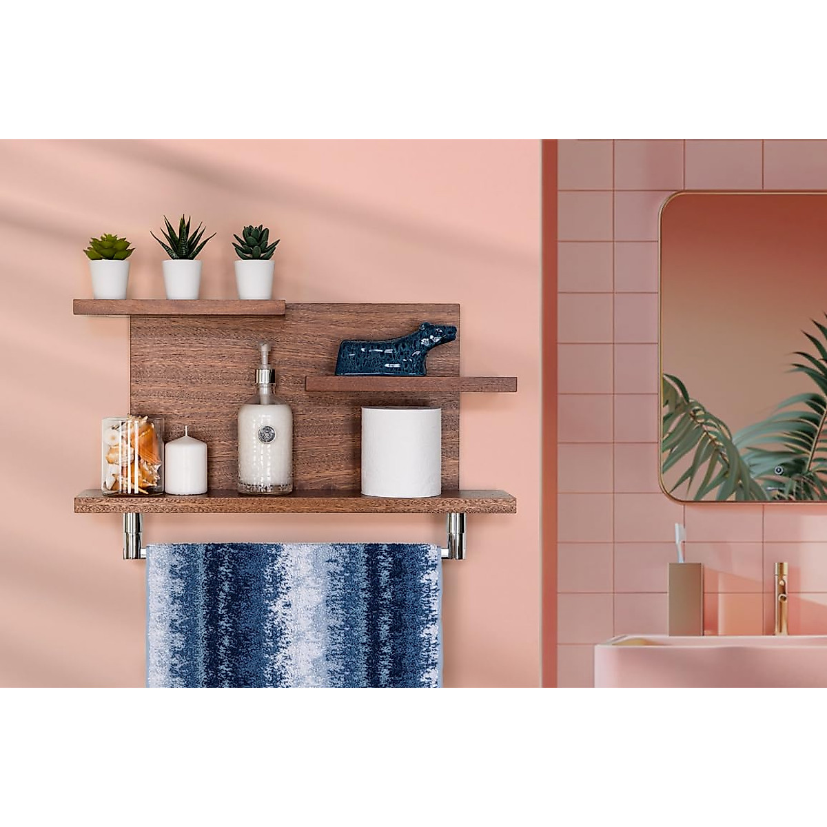 Straga Rustic Wall Mounted Bathroom Shelves - 23" Hardwood Shelf Organizers with 18" Towels Holder - A Modern Addition To Your Bathroom, Powder Room, Guest Bathroom and More (Mahogany)