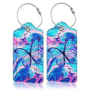2 Pack Luggage Tags for Suitcases Leather Colorful Butterfly Luggage Tag with Privacy Flap Name ID Label PU Suitcase Tags for Women Men Travel