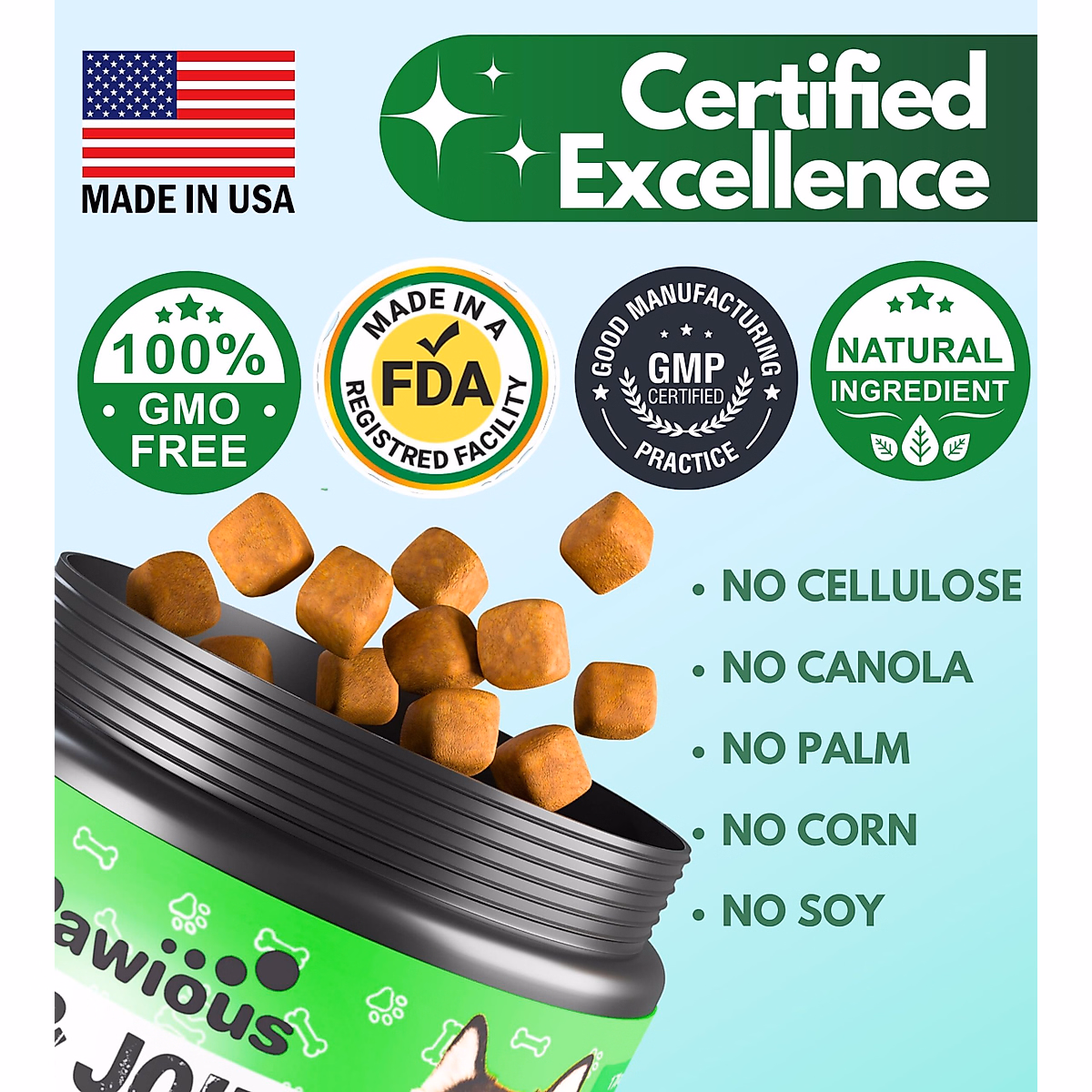 Pawious Hip and Joint Chews for Dogs - Glucosamine for Dogs - Dog Joint Pain Relief - Chondroitin, MSM, Turmeric, Hemp Oil Treats - Advanced Support Dog Joint Supplement Health - Mobility Bites