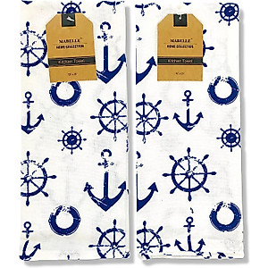 Summer Kitchen Dish Towel Set: Fun Nautical Anchor Captains Wheel Design, Set of 2 (Nautical)