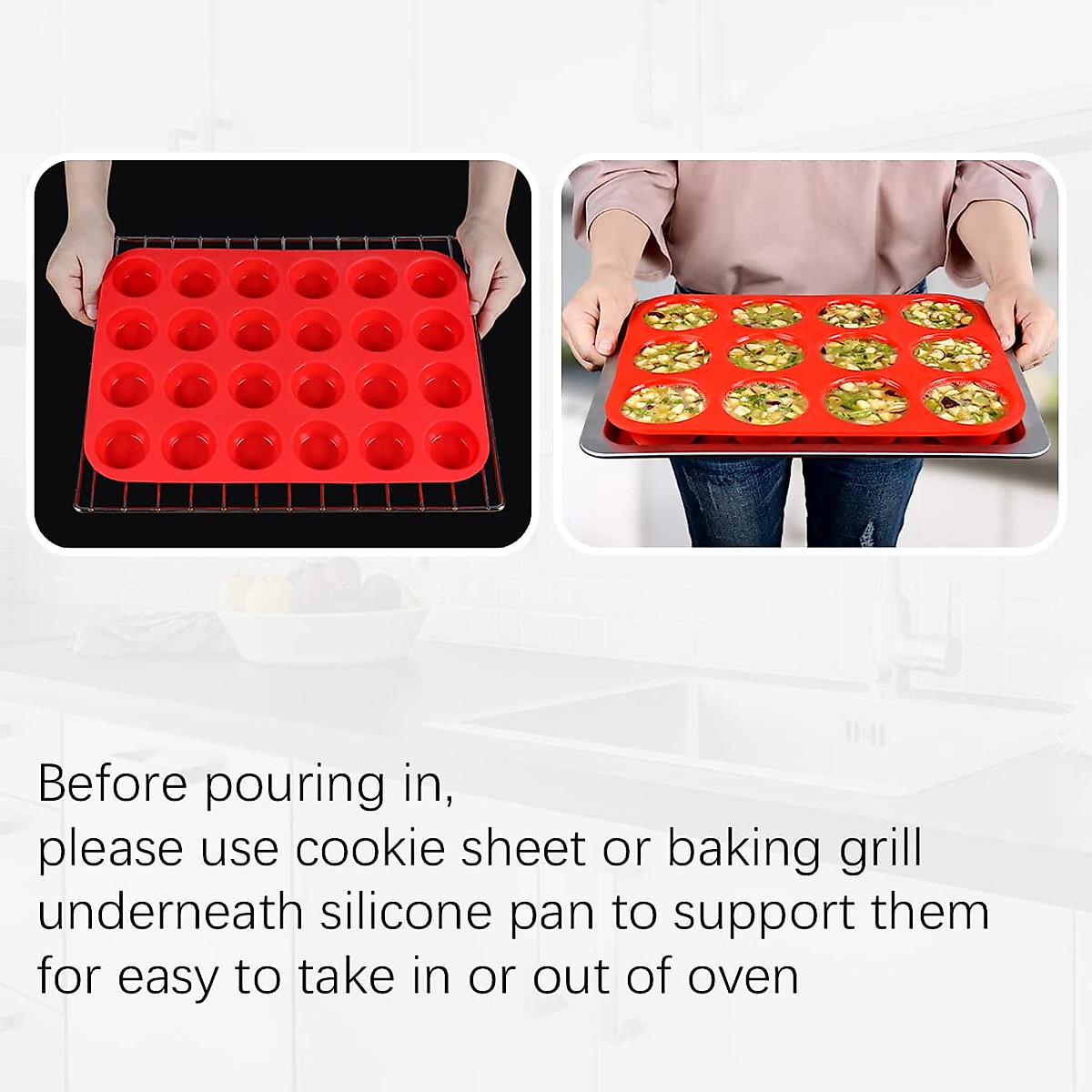 CAKETIME Silicone Muffin Pan, Mini Muffin Pan, Regular 12 Cups and Mini 24 Cups Muffin Pan Set of 2 for Baking Egg Bites