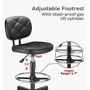 KLASIKA PU Faux Leather Drafting Rolling Stool Chair with Seat Height Adjustable 30 inch Fixed Back Support Adjustable Foot Ring for Office Home Plaid Checked Pattern (1 Pack-New)