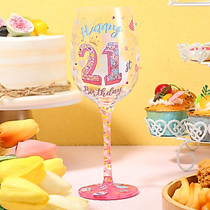 Funnymoom Hand Painted Wine Glass Birthday Gifts for Her Artisan Painted 15oz Gift Happy Birthday Cups (Pink,21st Birthday)
