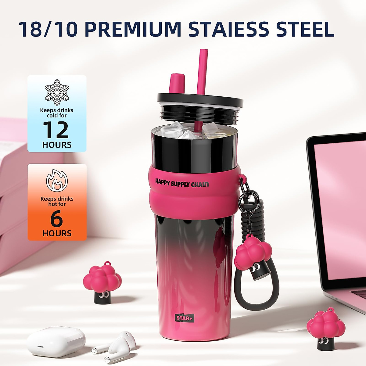 SDGA+ 24 OZ Insulated Leak Proof Tumbler with Lid and Straw, Stainless Steel Coffee Travel Mug for Hot and Cold, Reusable Portable Water Bottle, Metal Thermal Cup Gift for Women, Black and Pink