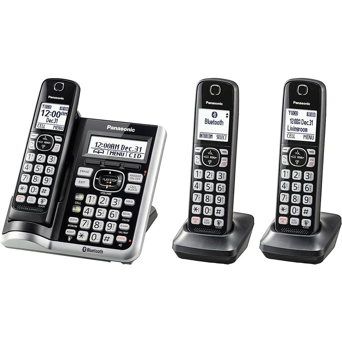 Panasonic Link2Cell Bluetooth Cordless Phone System with Voice Assistant, Call Blocking and Answering Machine. DECT 6.0 Expandable Cordless System - 3 Handsets - KX-TGF573S (Black/Silver Trim)