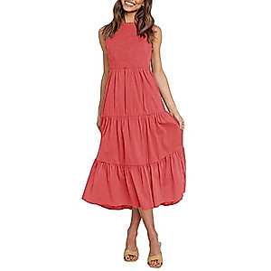 ZESICA Women's 2023 Summer Casual Sleeveless Crew Neck Smocked High Waist Flowy Tiered A Line Midi Dress,Watermelon,Medium