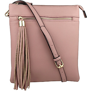 B BRENTANO Vegan Double-Zip Pocket Crossbody Handbag Purse wih Big Tassel Accent (Blush)