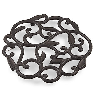 gasaré, Cast Iron Trivet for Hot Dishes, Pots, and Pans, Metal Trivet, Vine Plant Design, Rubber Feet Caps, Ring Hanger, 8 Inches, Brown, 1 Unit