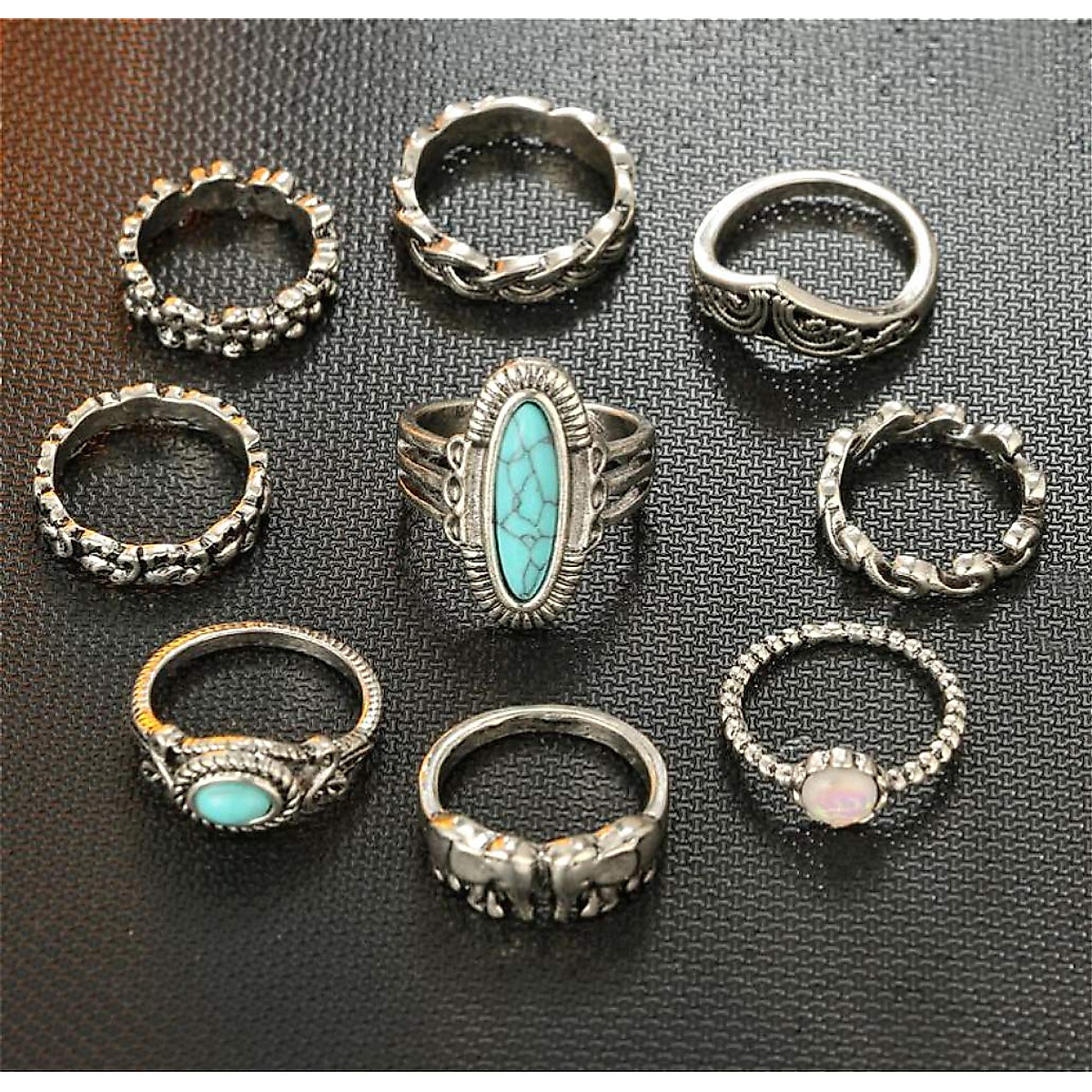 Cathercing 9 Pcs Turquoise Ring Set for Women Knuckle Vintage Rings Pack for Women Bohemian Rings Silver Joint Knot Rings Set Halloween Party Daily Gift (style 3)