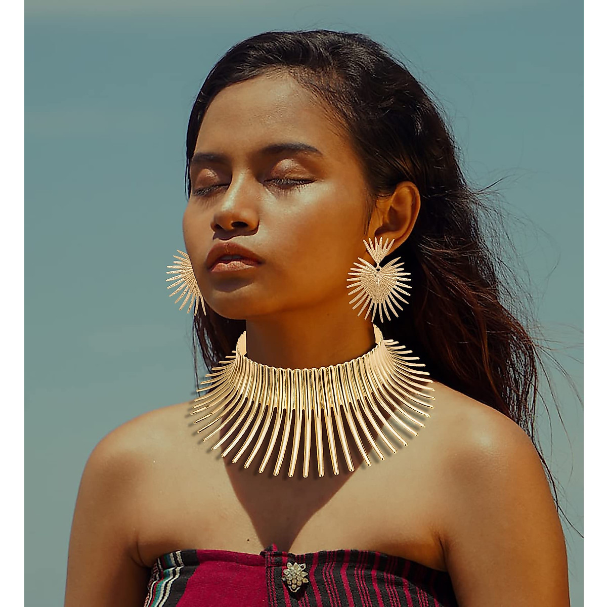 WAINIS African Collar Choker Necklace Earrings Bangle Set for Women Gold Statement Tooth Shape Tribal African Jewelry