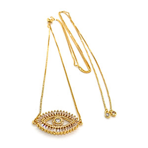 LESLIE BOULES Gold Evil Eye Lariat Necklace for Women 18K Gold Plated Sliding Adjustable Chain Choker Jewelry