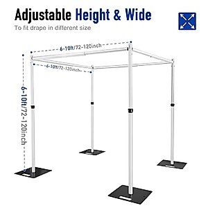 Hecis Portable Backdrop Stand with Crossbar, Adjustable Pipe and Drape Backdrop Kit for Event， Party, Trade Shows and Wedding Decor, 10FT Square Backdrop Frame