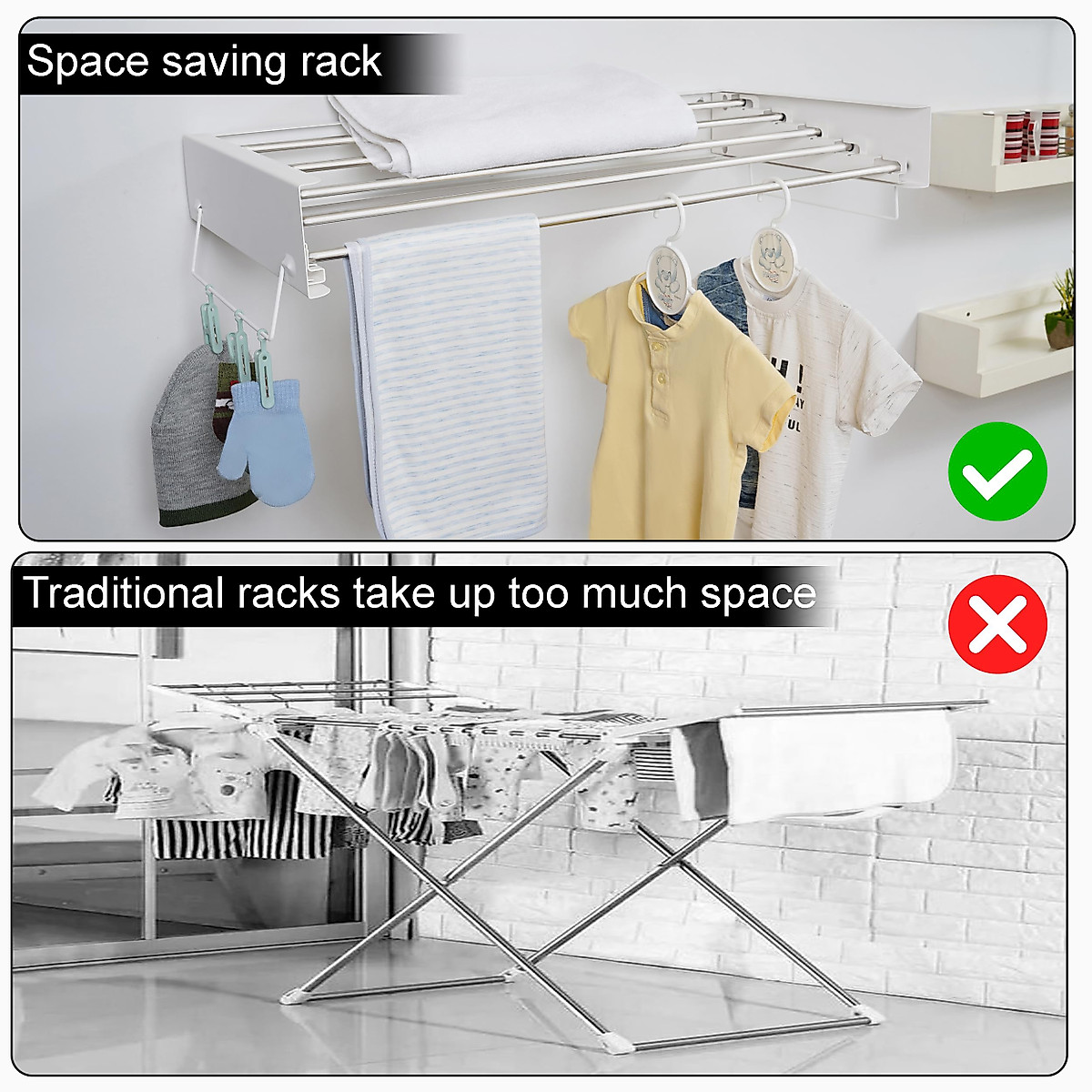 Zentuary Home Wall Mounted Clothes Drying Rack – Space-Saving Foldable Laundry Dryer Rack with 2 Towel Rails, Hangers & Pegs Included |Collapsible Wall Drying Rack | Indoor & Outdoor Use, 31.5 Inches