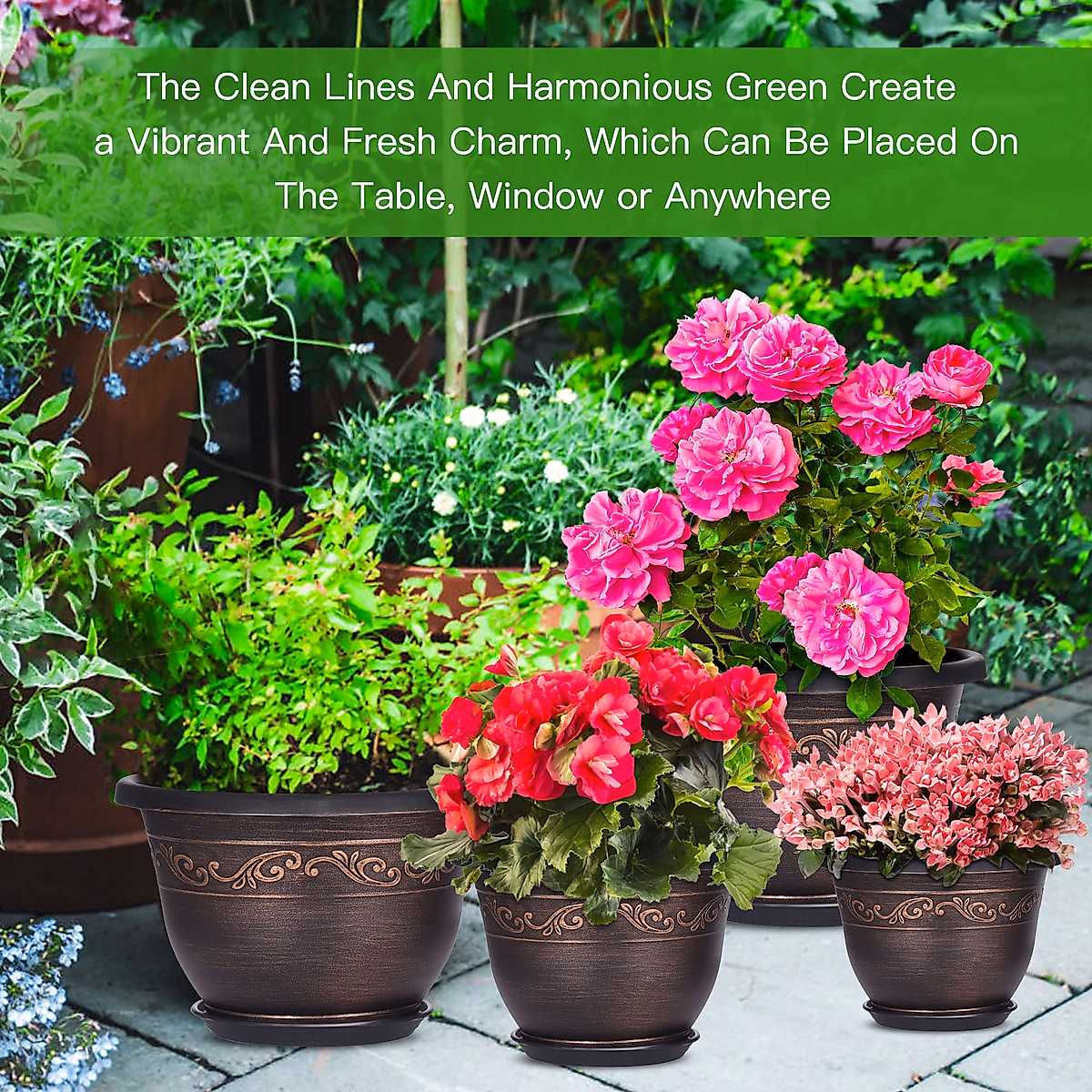 Plastic-Plant-Flower-Planters-8 Inch with Drainage Hole & Saucer, 6 Packs Lightweight Small Resin Flower Pot Indoor Outdoor, Retro Antique Imitation Decorative Garden Containers Sets for Houseplants