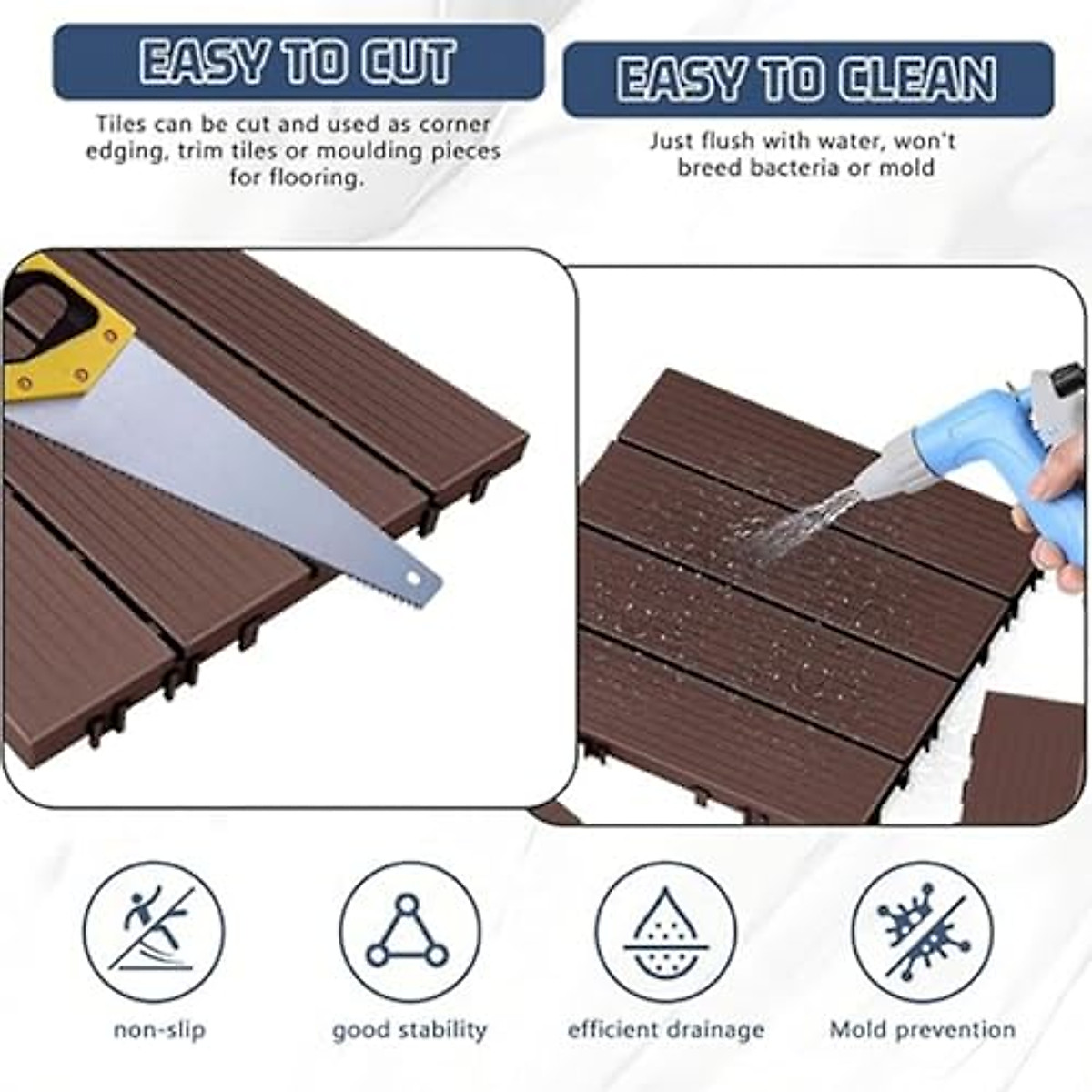Plastic Interlocking Patio Deck Tiles 44 PCS Plastic Assembled Floor Outdoor Balcony Terrace Floor Garden Buckle Non-Slip Imitation Wood Floor (Gray)