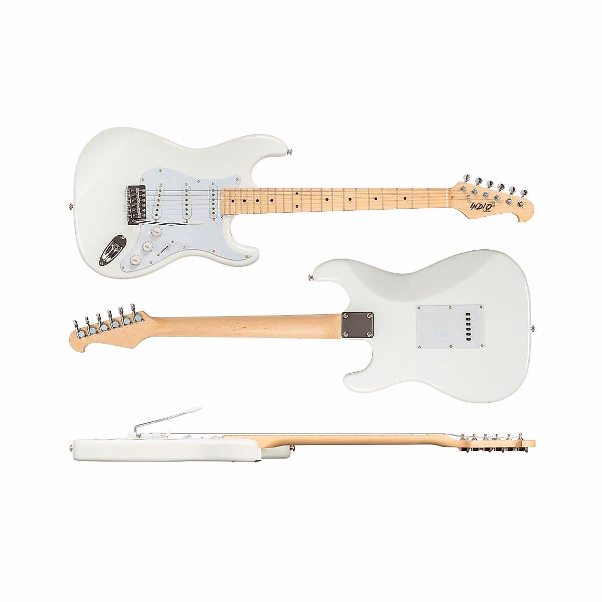 Monoprice Cali Classic Electric Guitar - White, 6 Strings, Double-Cutaway Solid Body, Right Handed, SSS Pickups, Full-Range Tone, With Gig Bag, Perfect for Beginners - Indio Series