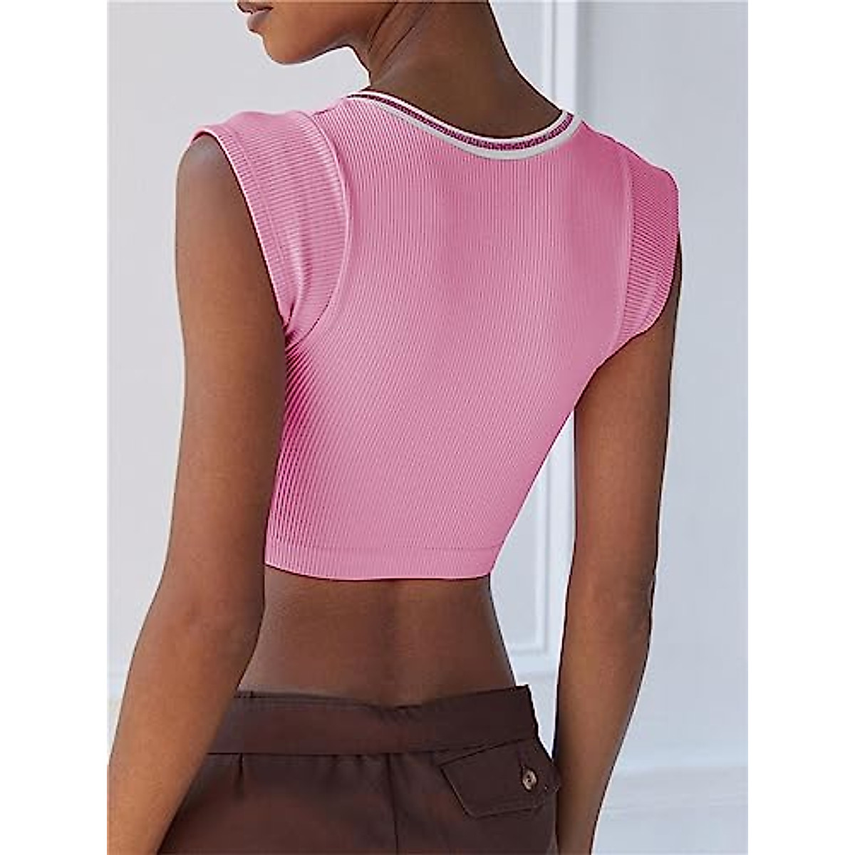 Women Y2K Going Out Crop Top Short Sleeve V Neck Ribbed Cropped T Shirt Casual Basic Fitted Baby Tees Streetwear A Pink