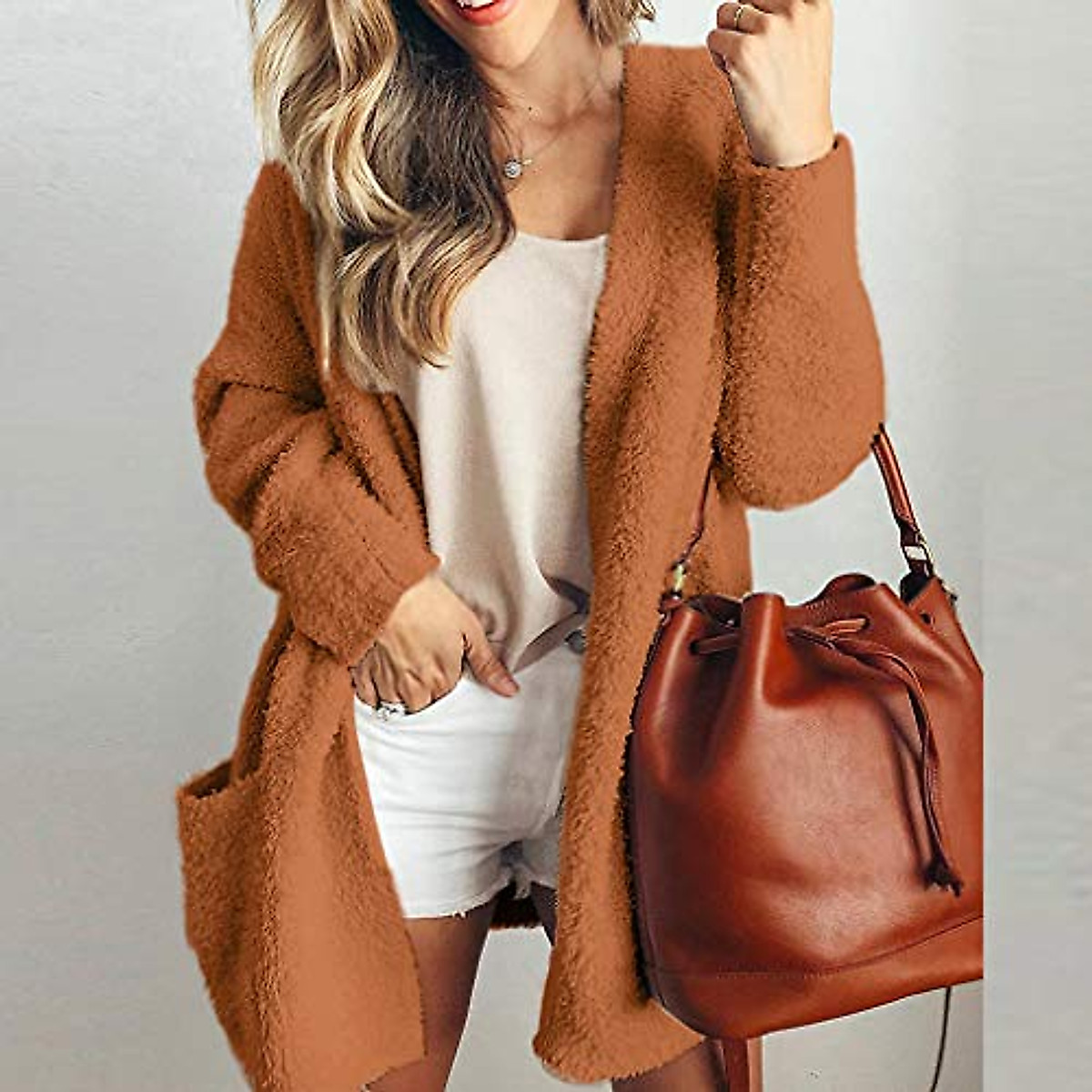 Akabsh Women Casual Sweatshirt Solid Winter Warm Soft Wool Pockets Cardigan Coat Outwear