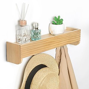 JSVER Coat Rack Wall Mount with Shelf Wood Wall Hooks with Storage, Entryway Shelf with 4 Hangers for Bathroom, Living Room, Bedroom, Rustic Brown