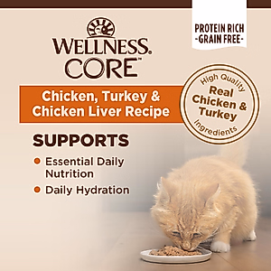 Wellness CORE Grain-Free Wet Cat Food, Natural Canned Food for Cats, Made with Real Meat (Chicken, Turkey & Chicken Liver Pate) , 3 Oz Cans (Pack of 12)