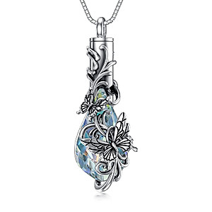 PELOVNY Butterfly Urn Necklace for Ashes for Women 925 Sterling Silver Oxidation Crystal Teardrop Cremation Jewelry Memorial with Funnel Filler