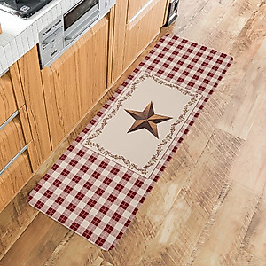 Libaoge Kitchen Mat Rug 1 PCS Rustic Barn Texas Western Star Red Buffalo Plaid Runner Rug Anti-Fatigue Comfort Memory Foam Standing Mat Non-Slip Floor Door Mat for Bathroom Bedroom 24x71in