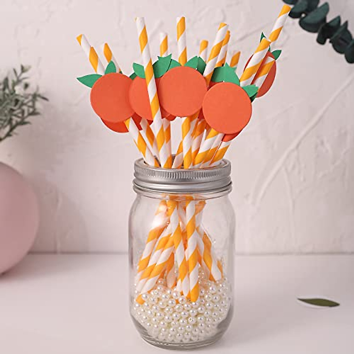 Orange Paper Straws - Biodegradable Disposable Drinking Striped Paper Straws 15 Pieces, Little Cutie Straws, Little Cutie Baby Shower Decorations, Little Cutie Themed Birthday Decorations
