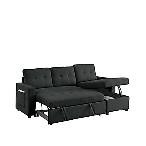 Pull Out Sleeper Sofa Convertible L-Shape Sofa Bed Reversible Sectional Couch with Storage Chaise and Side Storage Bag, Living Room Sofa Set for Living Room (Black)