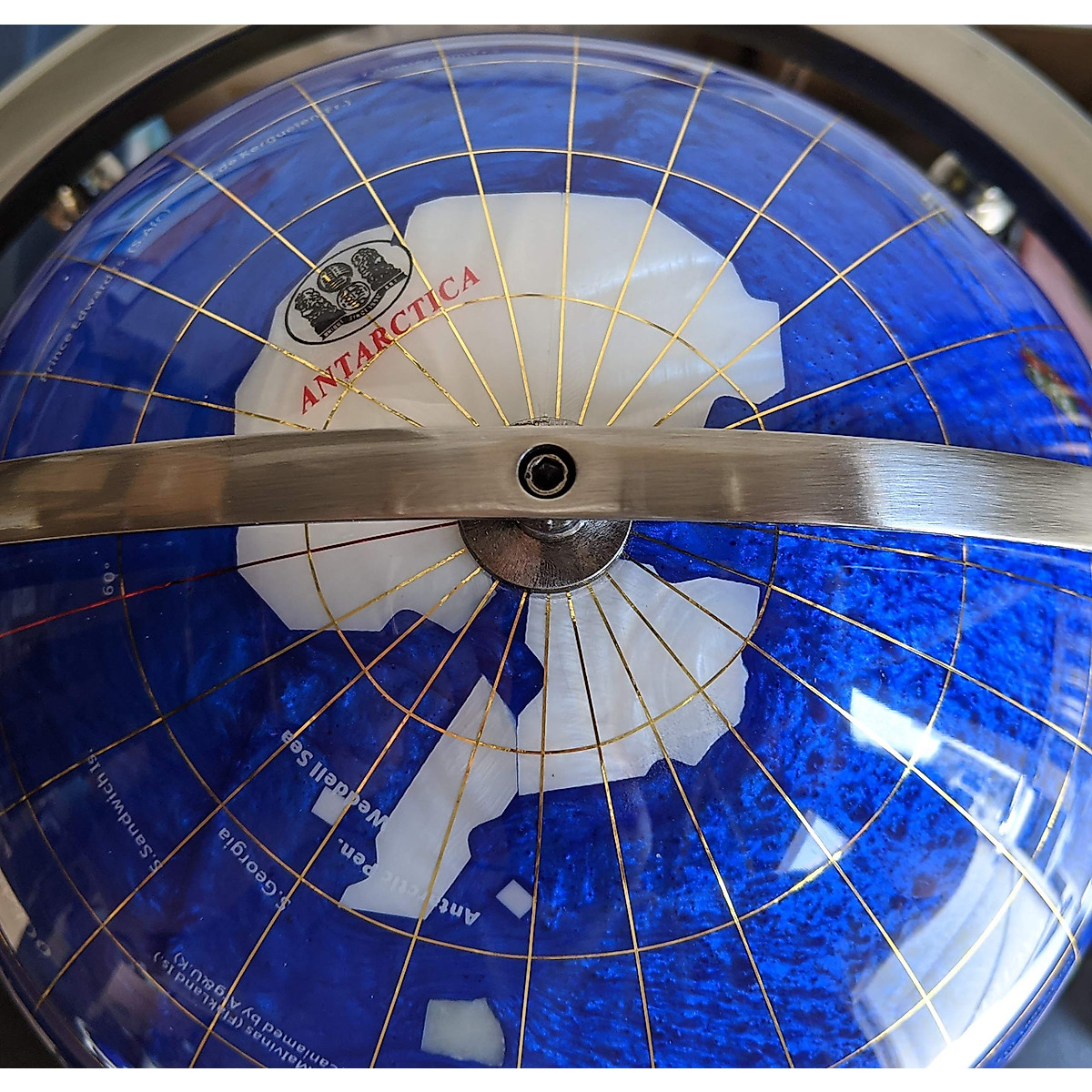 Limited Edition! Unique Art Since 1996 Blue Pearl Swirl Table Top Gemstone World Globe with Silver Zinc Alloy Stand (220MM/9 INCHES 4 LEG/BLUE PEARL OCEAN)