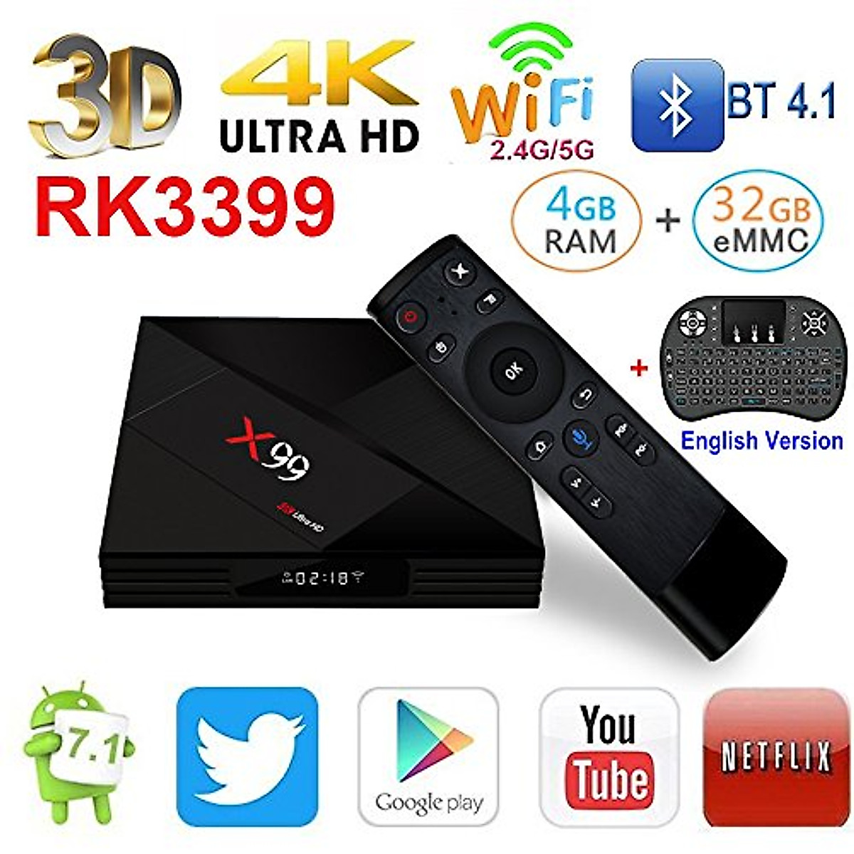 X99 4GB 64GB Rockchip RK3399 Android 7.1 TV Box 2.4 G&5G Dual WiFi BT4.0 1000M LAN USB3.0 Type-c Media Player with Wireless Mini Backlit Keyboard