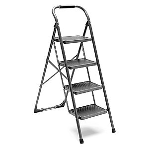 4 Step Ladder, Alohappy Folding Step Stool with Wide Anti-Slip Pedal, 500 lbs Sturdy Steel Ladder with Handgrip, Lightweight Portable Steel Step Stool for Household, Kitchen, Office Step Ladder (Grey)