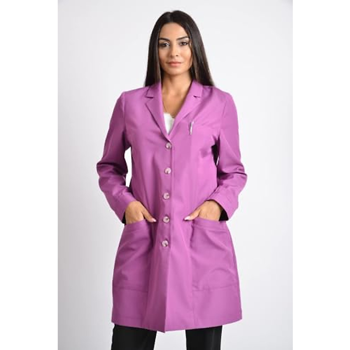 VESTE Destiny Colored Women Lab Coat - 5 Pockets 38" Long Laboratory Coat - Female Medical & Science Labcoats 12 Colors in S,M,L with Adjustable Sleeve (Purple, Small)