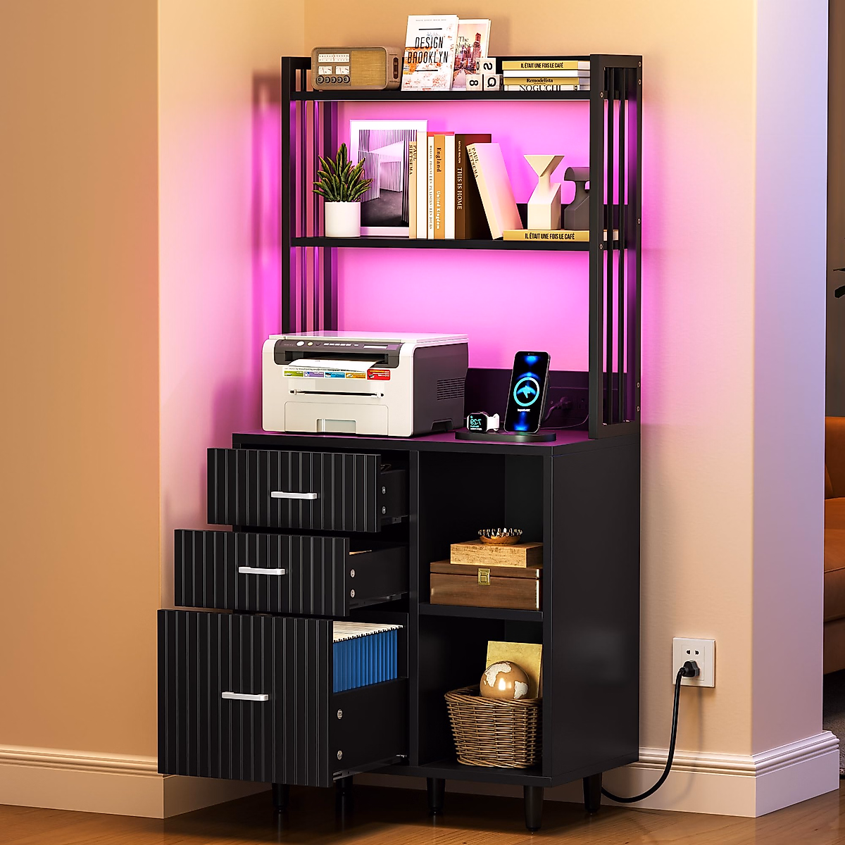 YITAHOME 3 Tier Bookcase, Bookshelf with Lighting, File Cabinet with Charging Station, 3 Drawer Wood Filing Cabinet, Printer Stand with Open Storage Shelves for Home Office, Black