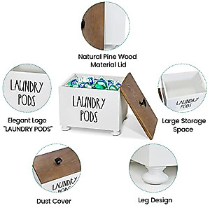 Rustic Wood Laundry Pods Holder Container with Lid for Laundry Room Decor and Accessories, Laundry Detergent Pod Holder Storage Dispenser, Space Saving Laundry Room Organization and Storage