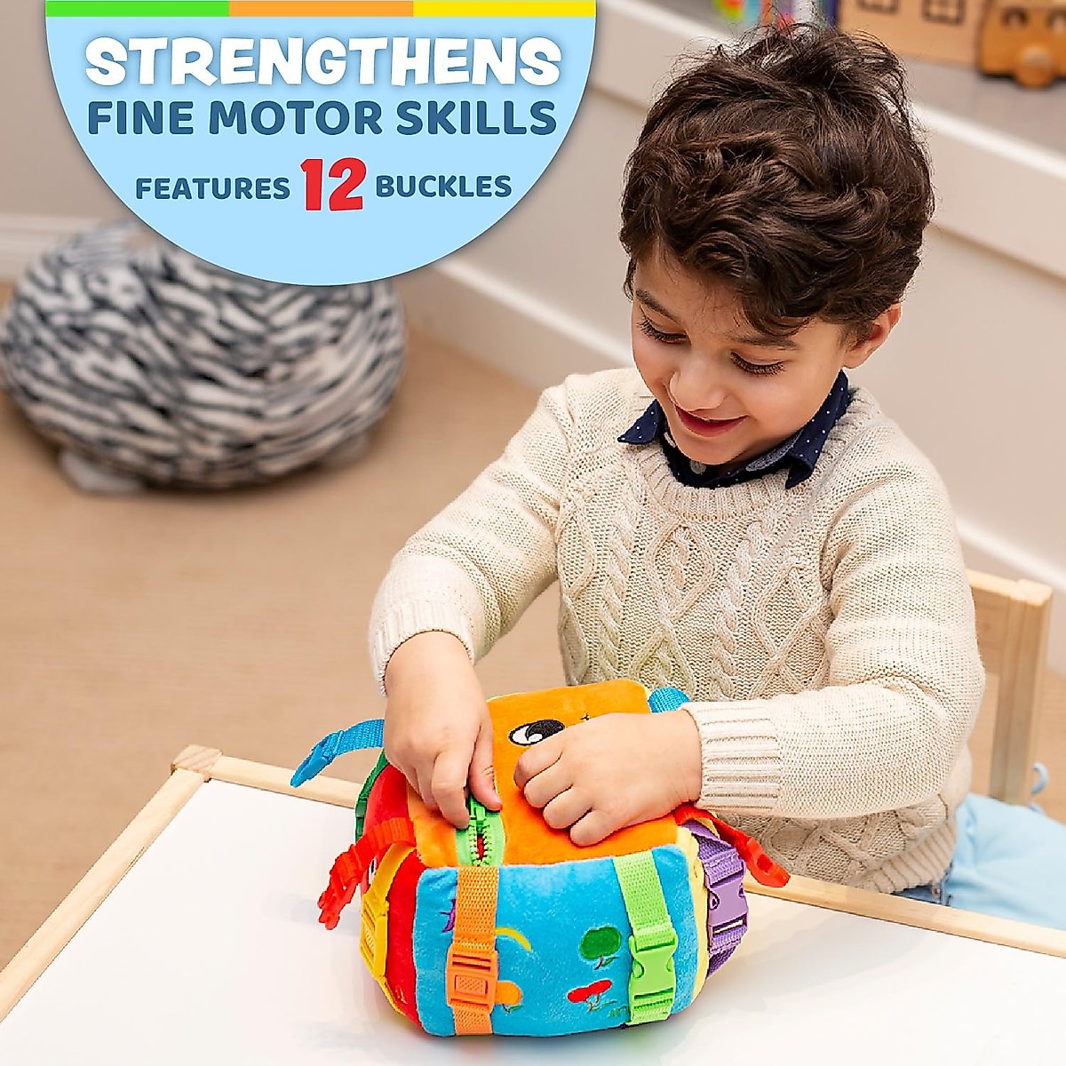 Buckle Toys - Bingo Cube - Toddler Plush Preschool Learning Activity Toy - Develop Fine Motor Skills - Counting and Math - Storage for Small Items