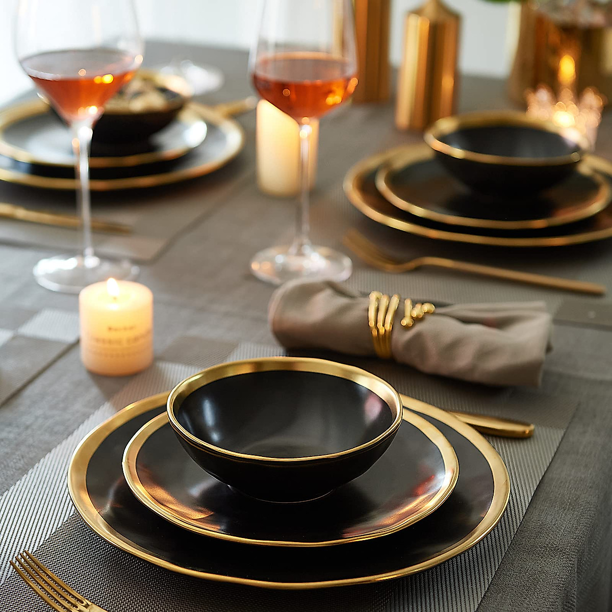 Pokini Black Luxury Plates and Bowls Sets, 12 Piece Porcelain Dinnerware Sets Service for 4, Modern Dinner Plates Set, Gold Rim Dish Set for Wedding Anniversary Birthday, No Microwave Safe
