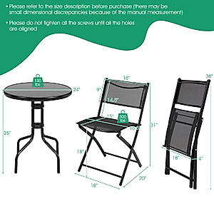 Tangkula 3 Pieces Folding Patio Bistro Set, Outdoor Folding Chairs & Table Set with Tempered Glass Tabletop, Round Table & Foldable Chairs, Outdoor Furniture Set for Garden, Poolside & Backyard
