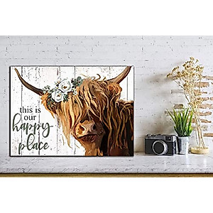 Highland Cow Wall Art - This Is Our Happy Place Inspirational Canvas Poster for Home - Long Haired Scottish Cow with White Flower Picture Farmhouse Kitchen Decor Framed (10"x15")