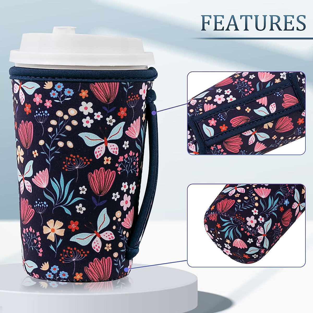3 Pack Reusable Iced Coffee Sleeves for Iced Coffee Cups or Drinks Reusable Neoprene Insulated Sleeves for Hot and Cold Drinks from Starbucks, Dunkin, And More (Butterfly Bush)