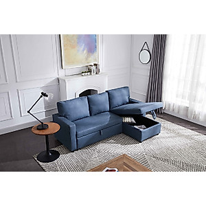 ATY Reversible Sectional Sleeper Sofa with Storage Chaise, L Shape Couch with Pull-Out Bed, Living Room Furniture, 85", Blue