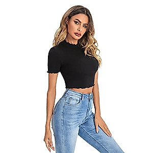 SweatyRocks Women's Lettuce Trim Ribbed Knit Short Sleeve Crop Top T-Shirt Black S