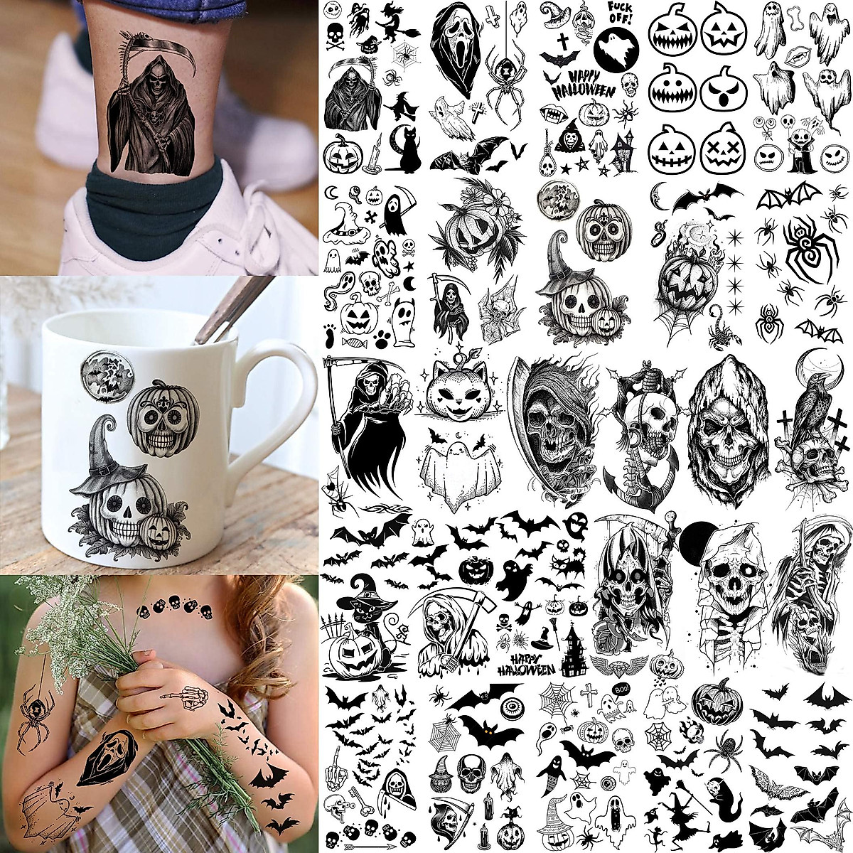 Shegazzi 52 Sheets Halloween Temporary Tattoos For Kids Boys Girls Women Men, 3D Scary Skull Skeleton Fake Tattoos Sticker For Adults, Small Ghost Vampire Bat Pumpkin Spider Temp Transfer Tatoos Devil