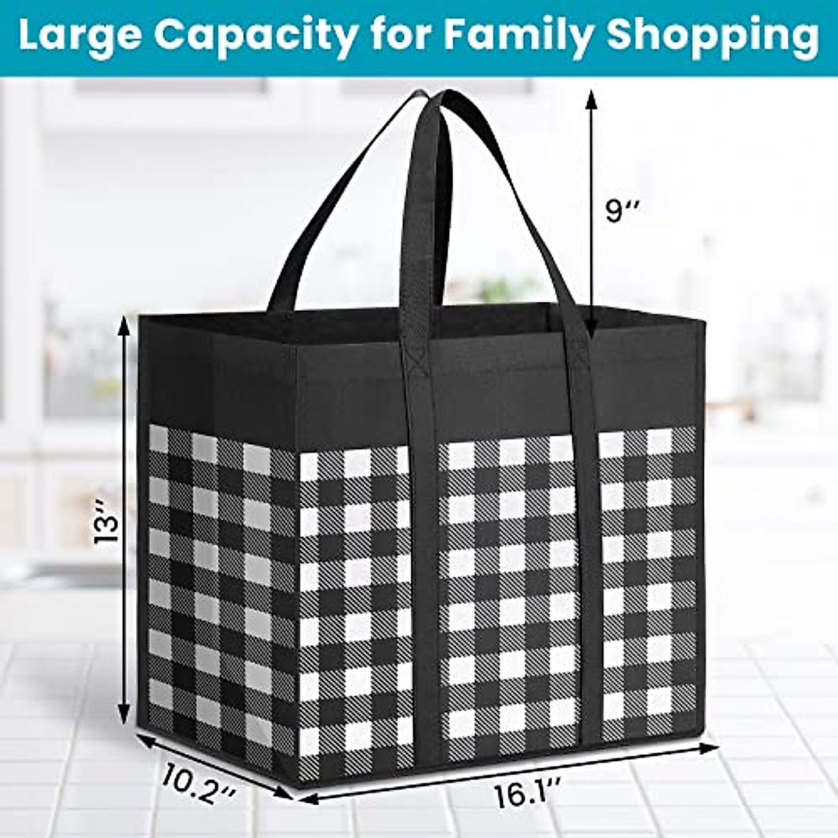WOWBOX Reusable Grocery Bags,4-Pack, Foldable Reusable Shopping Tote Bags bulk with Reinforced Handles,Large Storage Bags with Water Resistant Coating for Groceries,Multipurpose,Black-White